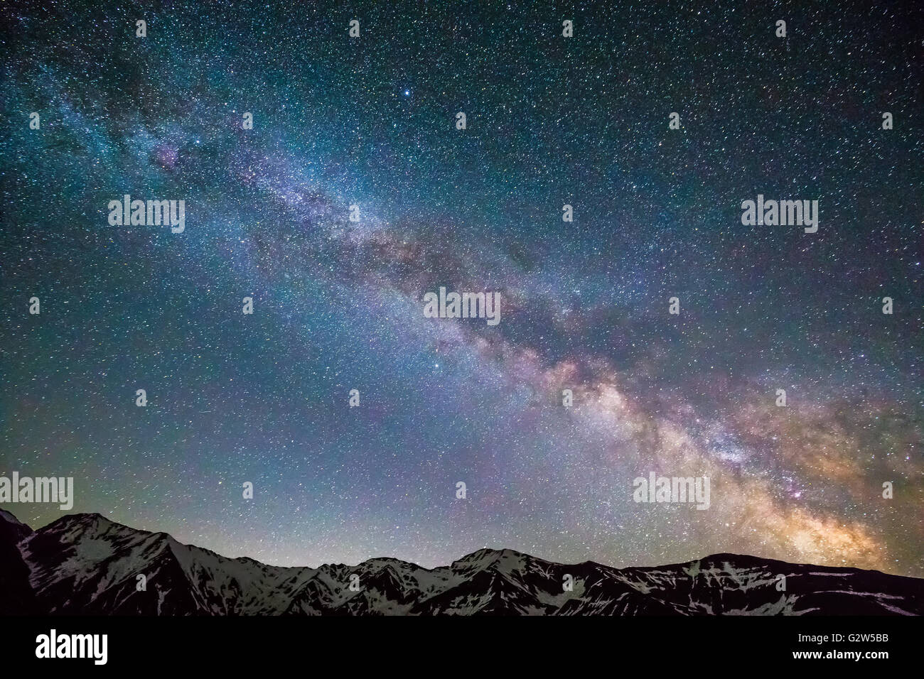 Milky Way galaxy, over mountain peaks with snow Stock Photo - Alamy