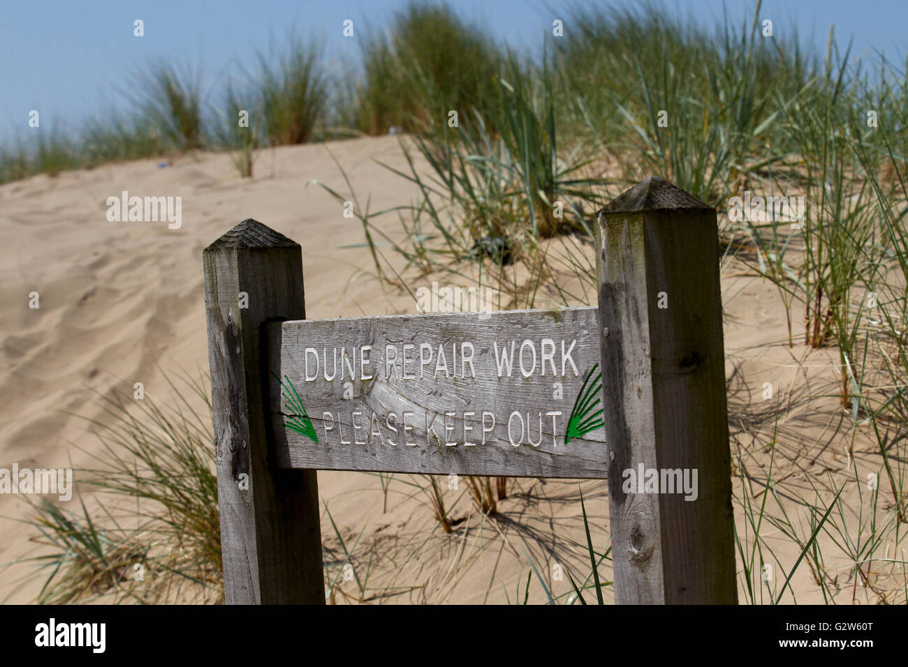 Wooden carved signs on the dunes, giving advice about sand dune repair ...