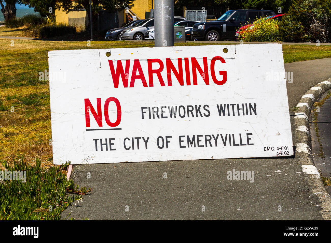 A No Fireworks sign at the Marina Park in Emeryville California USA ...