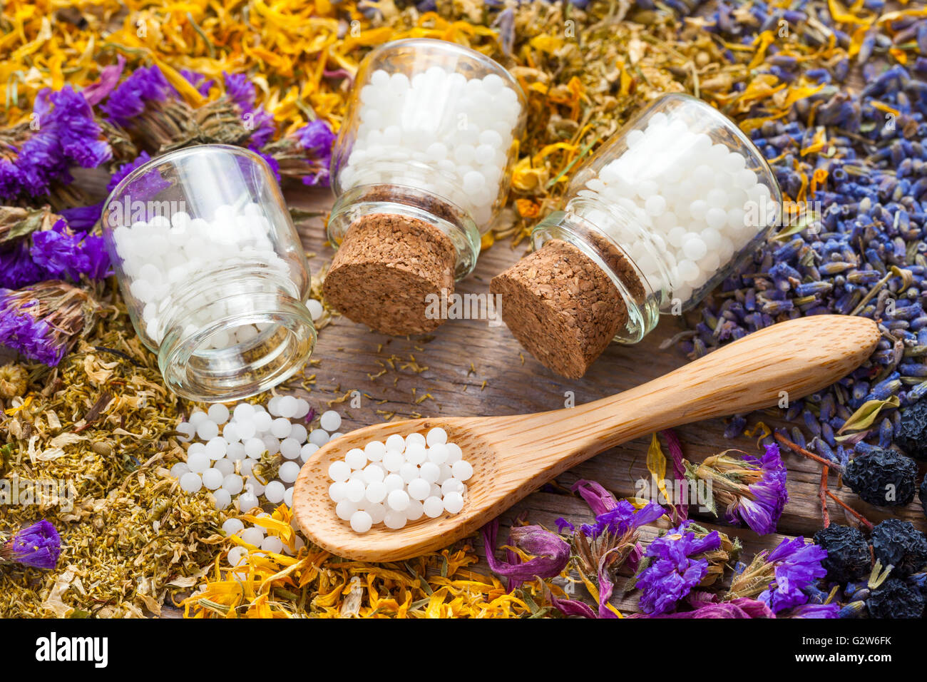 Bottles of homeopathy globules and dry healthy herbs. Selective focus ...
