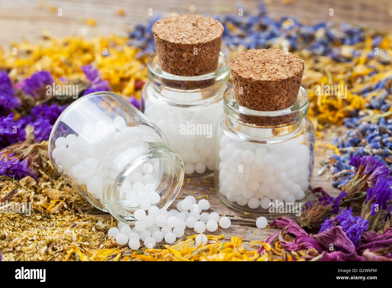 Bottles of homeopathy globules and dry healthy herbs on table ...