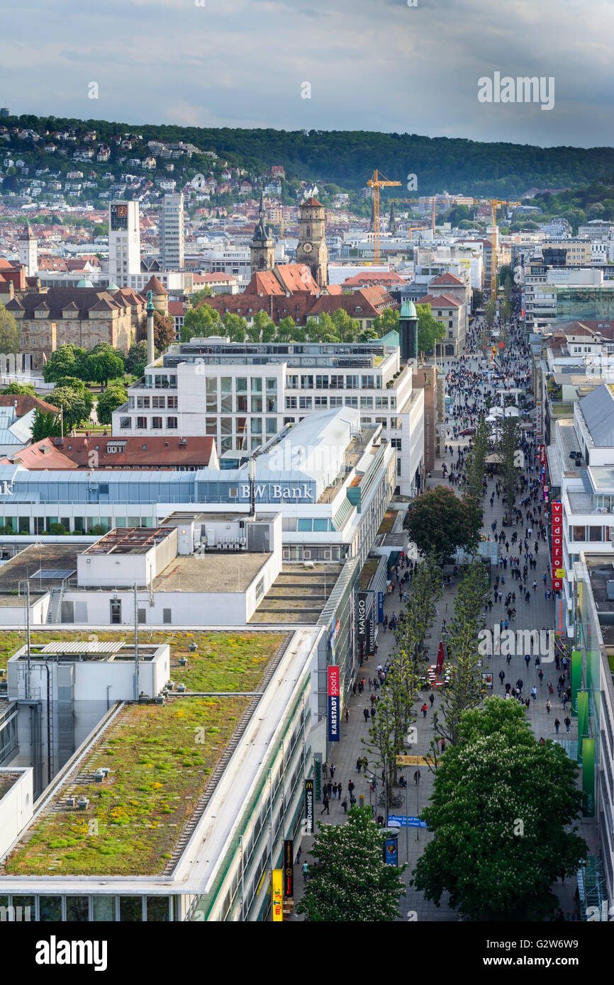 View from Bahnhofsturm to Stuttgart city center with the pedestrian ...