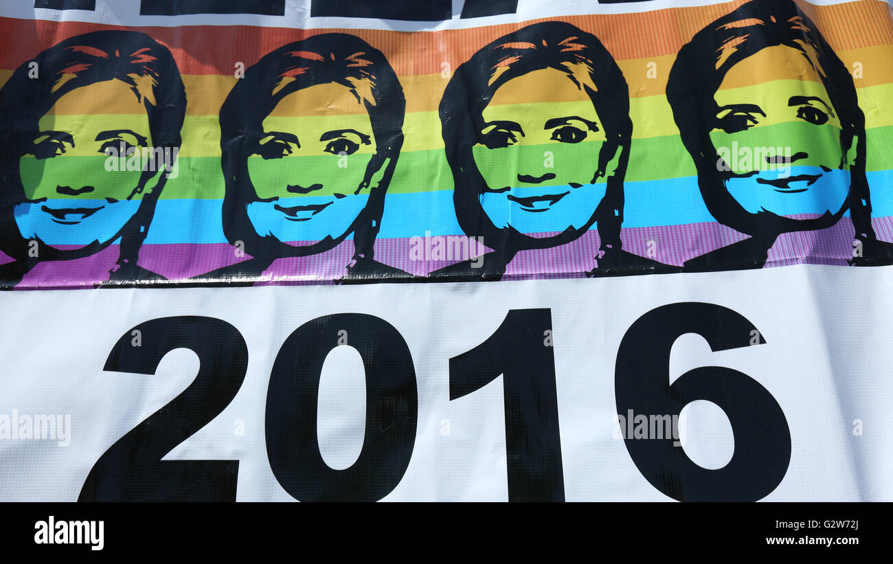 Banner featuring image of Democratic US Presidential candidate Hillary ...