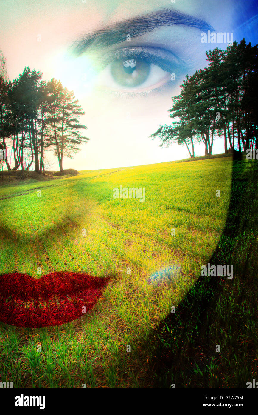 HDR photo . spring rebirth of nature. double exposure. portrait of a ...