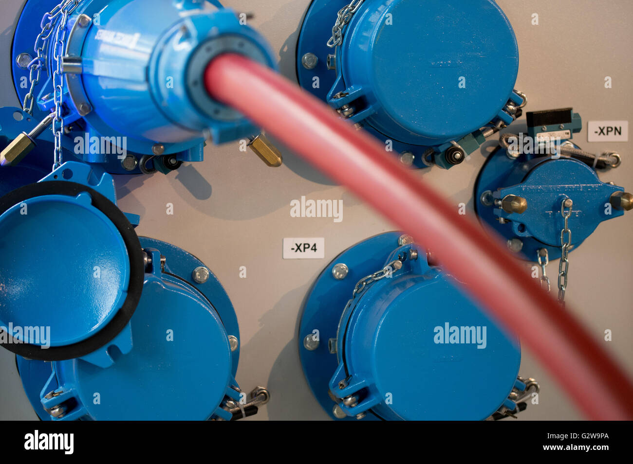 Hamburg, Germany. 3rd June, 2016. The connector cable of an onshore ...