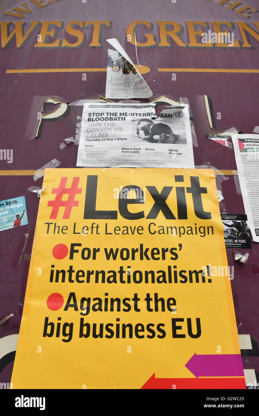 Seven Sisters, London, UK. 3rd June 2016. Posters for Lexit, Left Leave ...