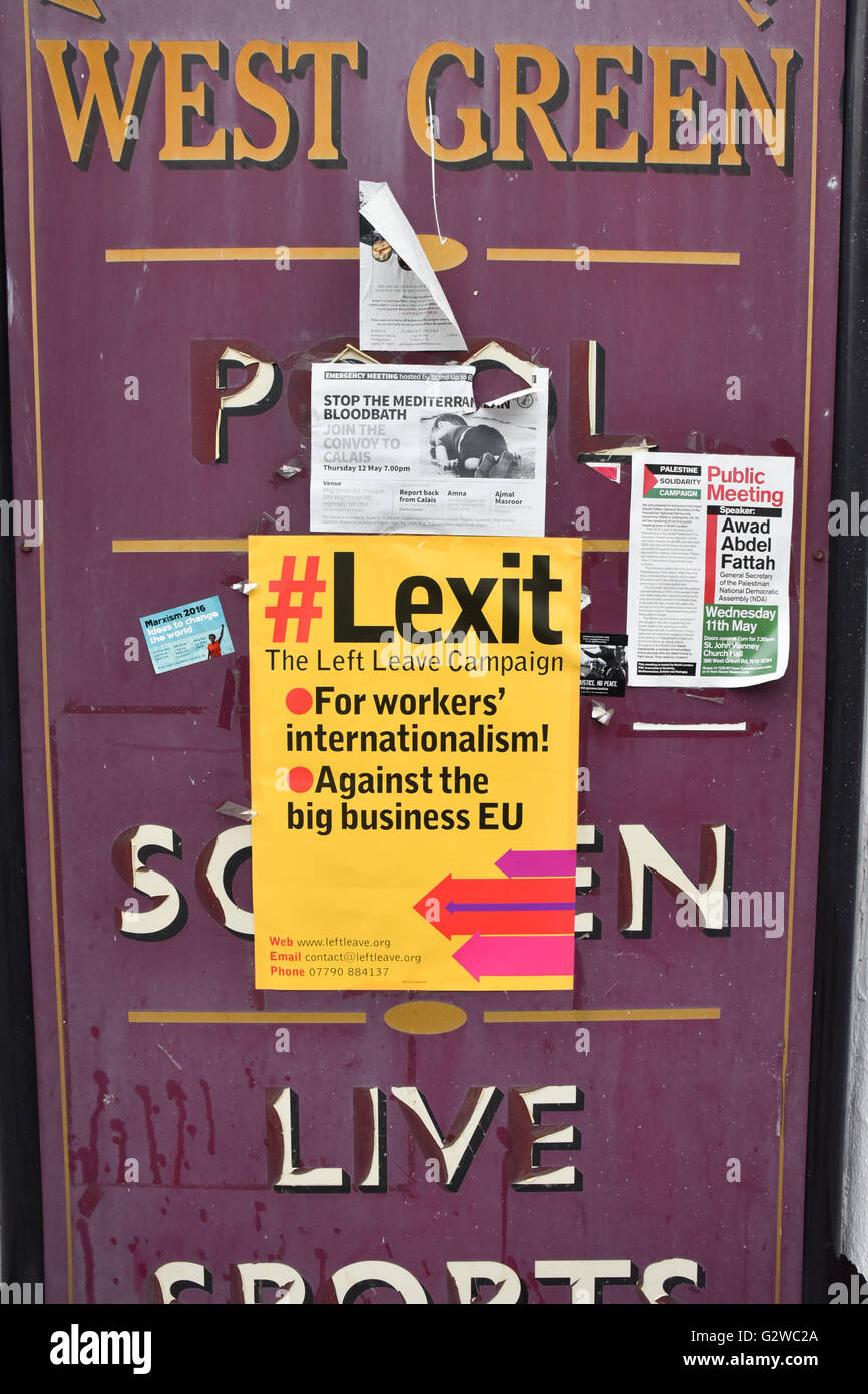 Seven Sisters, London, UK. 3rd June 2016. Posters for Lexit, Left Leave ...