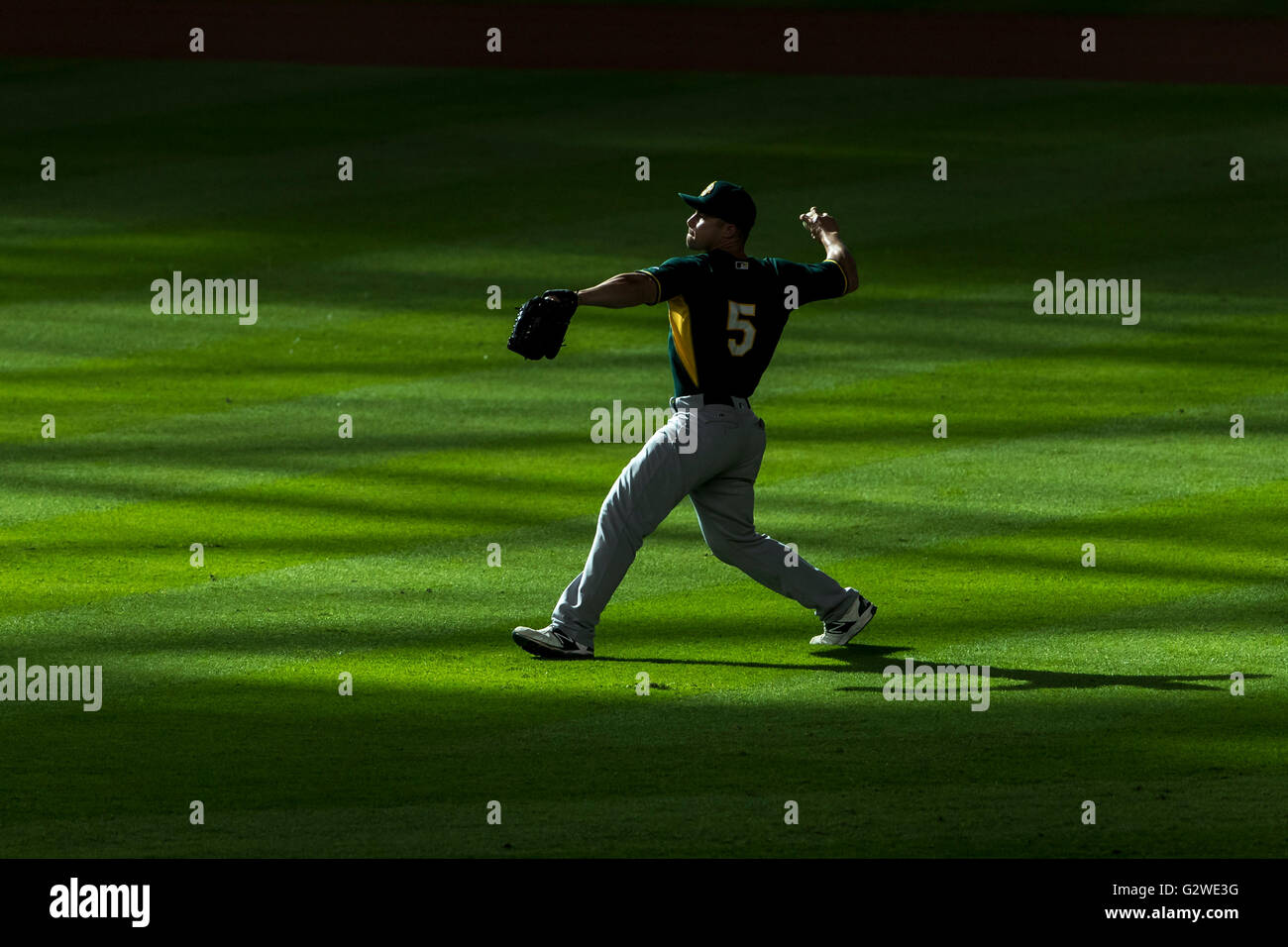 June 3, 2016: Oakland Athletics left fielder Jake Smolinski (5) throws ...
