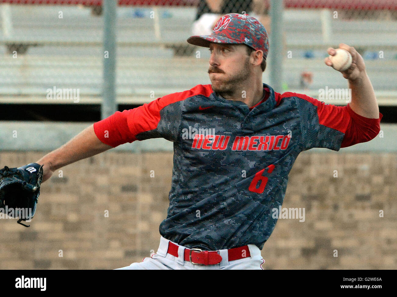Lubbock, TX, USA. 3rd June, 2016. UNM's #6 Colton Thomson pitched in ...
