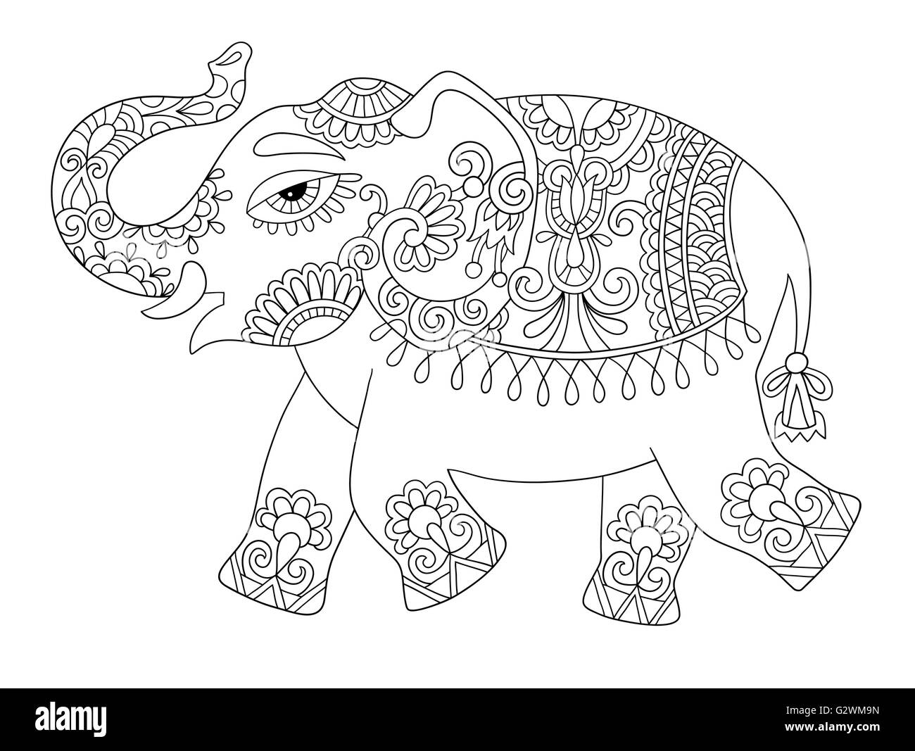 ethnic indian elephant line original drawing, adults coloring bo Stock ...