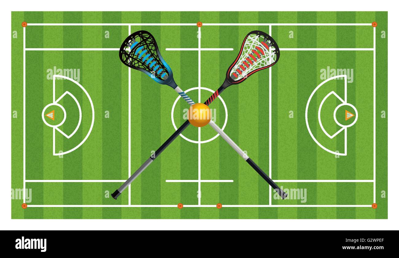 An aerial view of a realistic lacrosse field with crossed sticks and ...