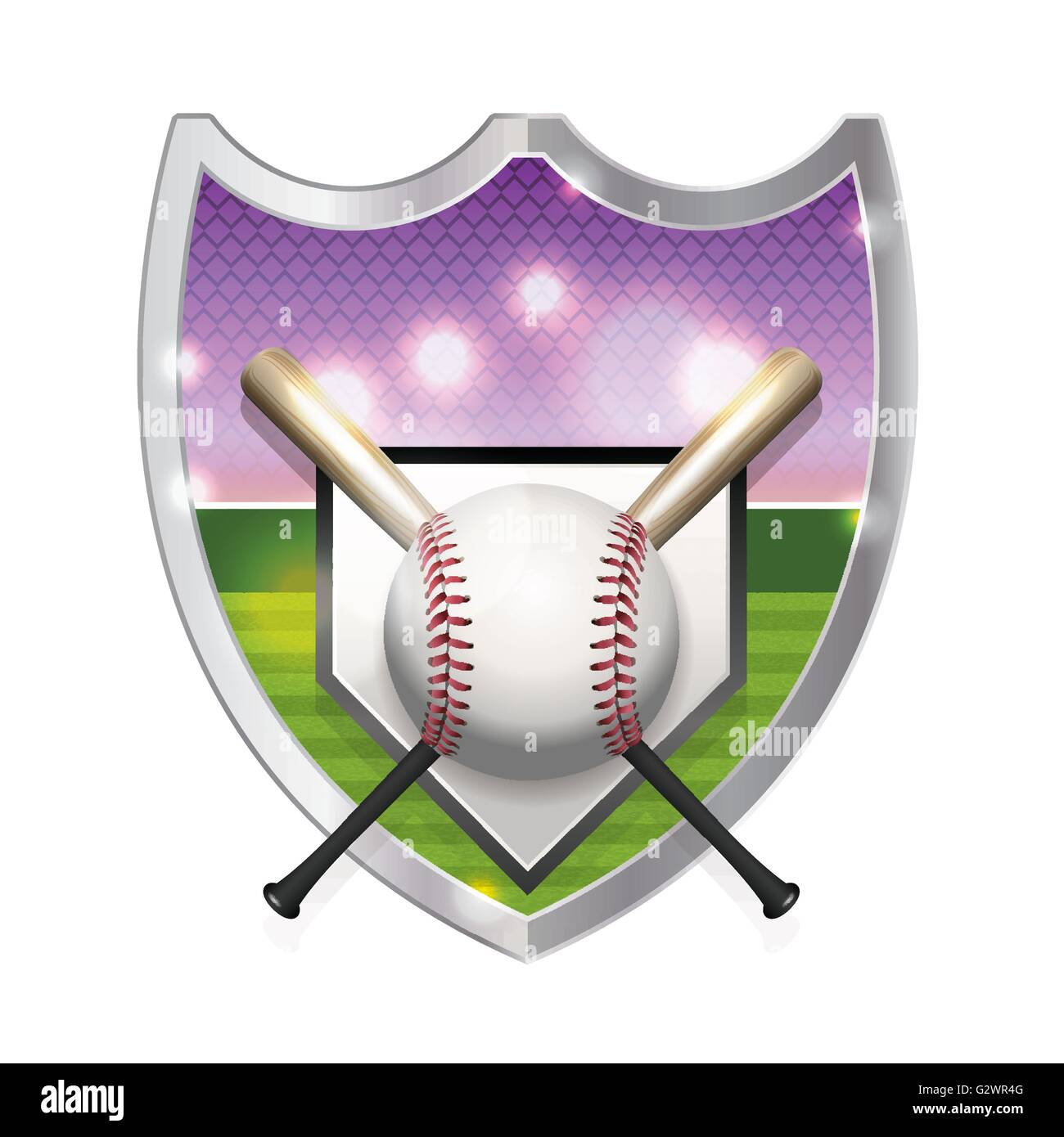 An illustration of a baseball, bats, home plate, and baseball field ...