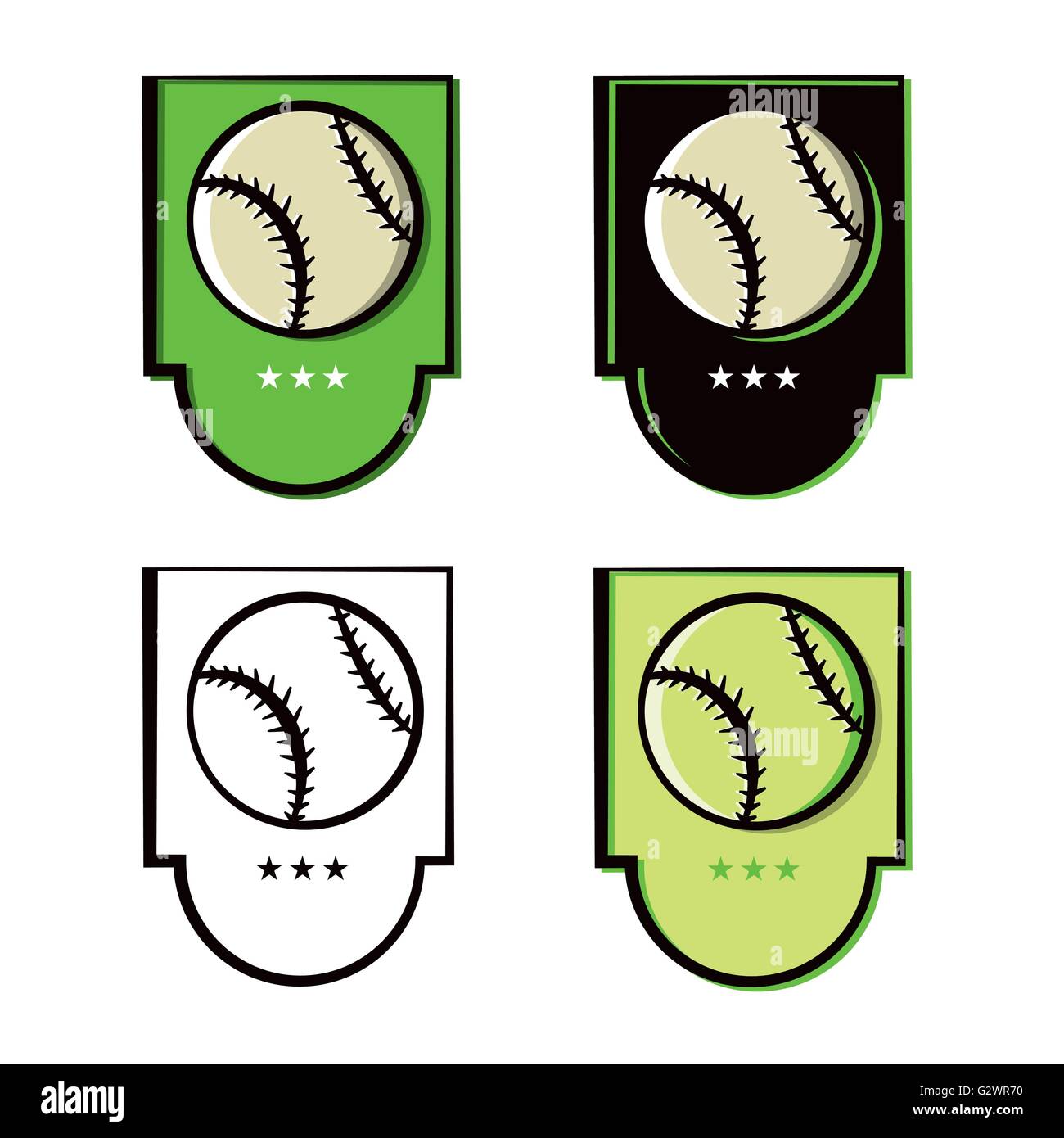 A set of baseball emblems and icons in various shades and colors ...
