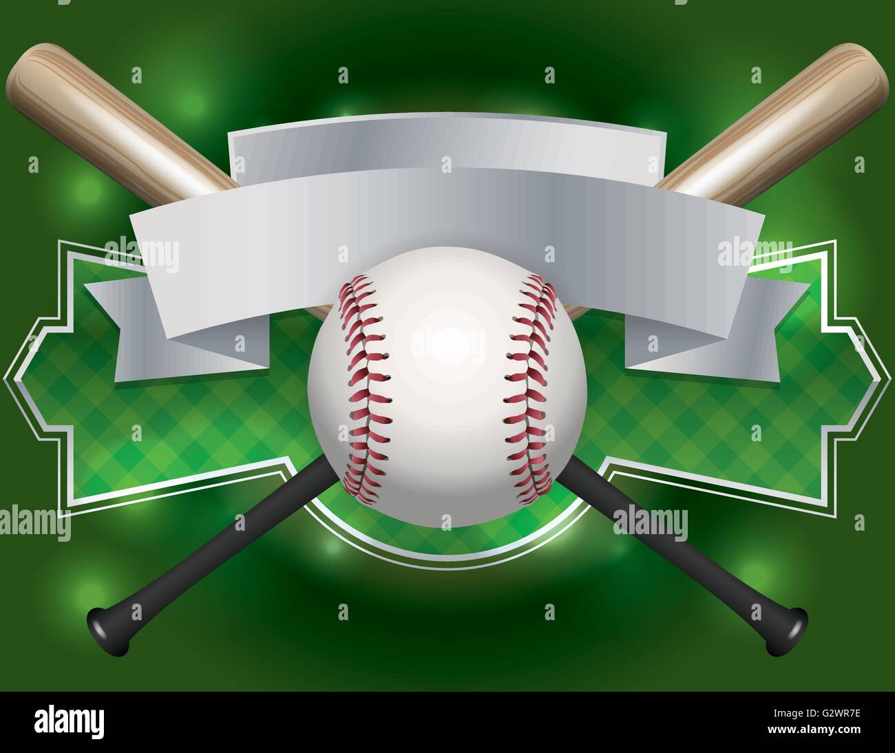 An illustration of a baseball and bat emblem and banner. Room for copy ...