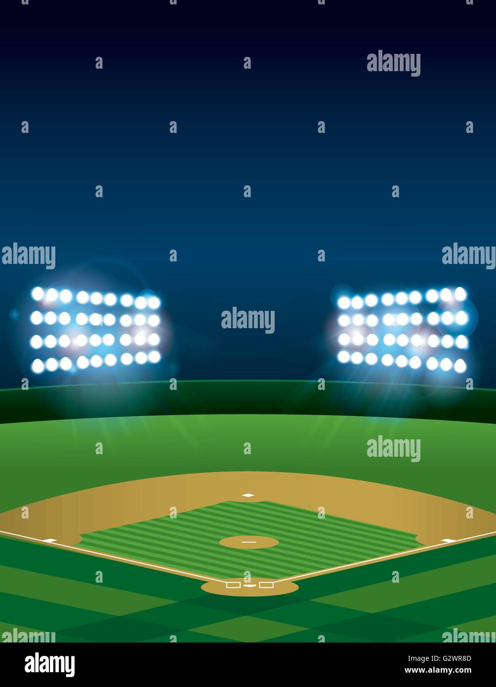 A lit baseball or softball field stadium at night. Vector EPS 10 ...