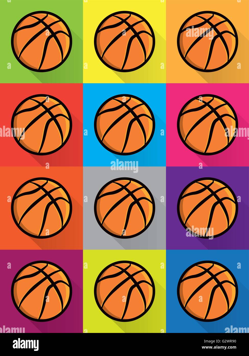 Colorful basketball icons checkered in various bright background colors ...