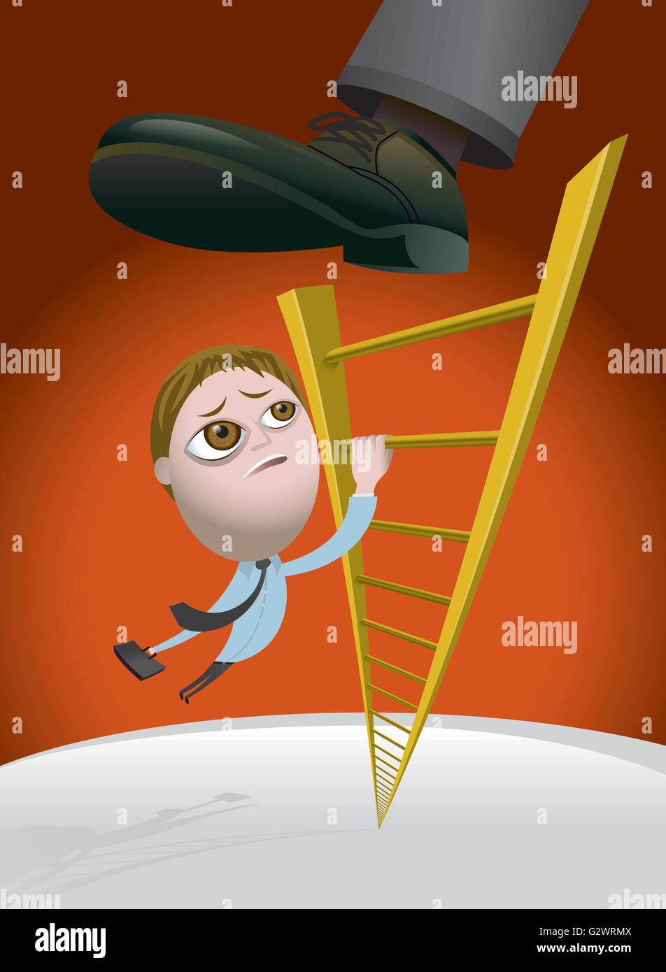 Business man climbing the corporate ladder and getting kicked back down ...