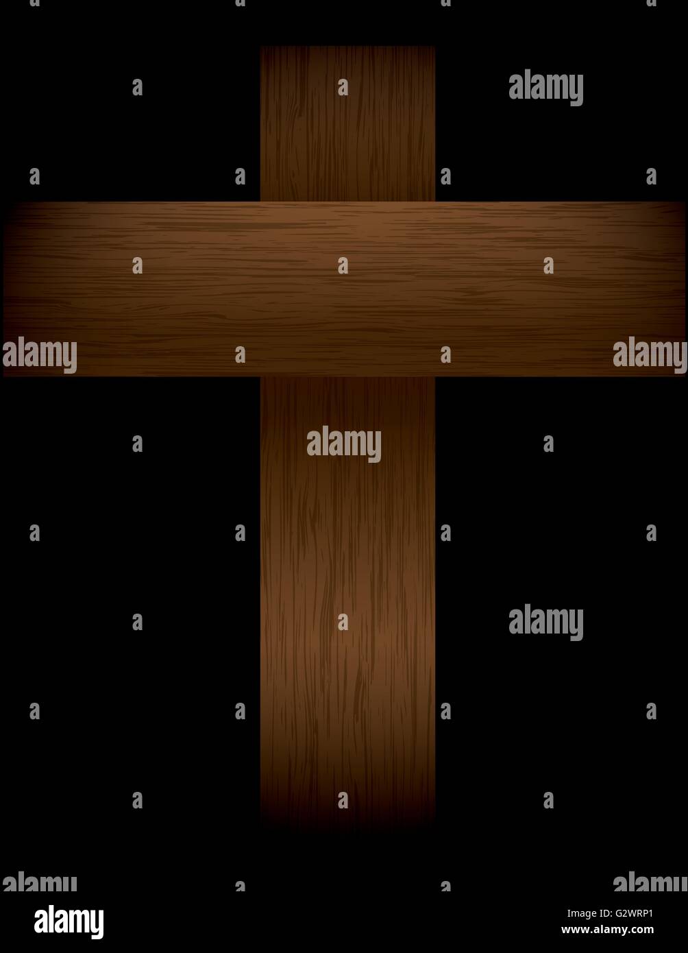 An illustration of a wood grained cross fading into a black background ...