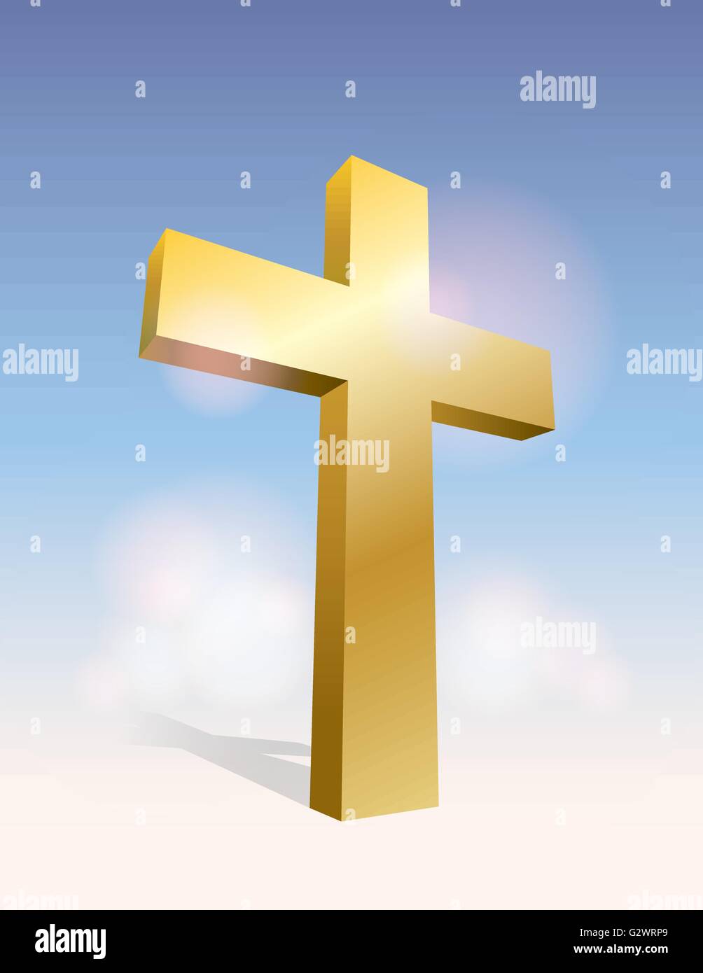 An illustration of a golden 3D cross set against the sky. Vector EPS 10 ...