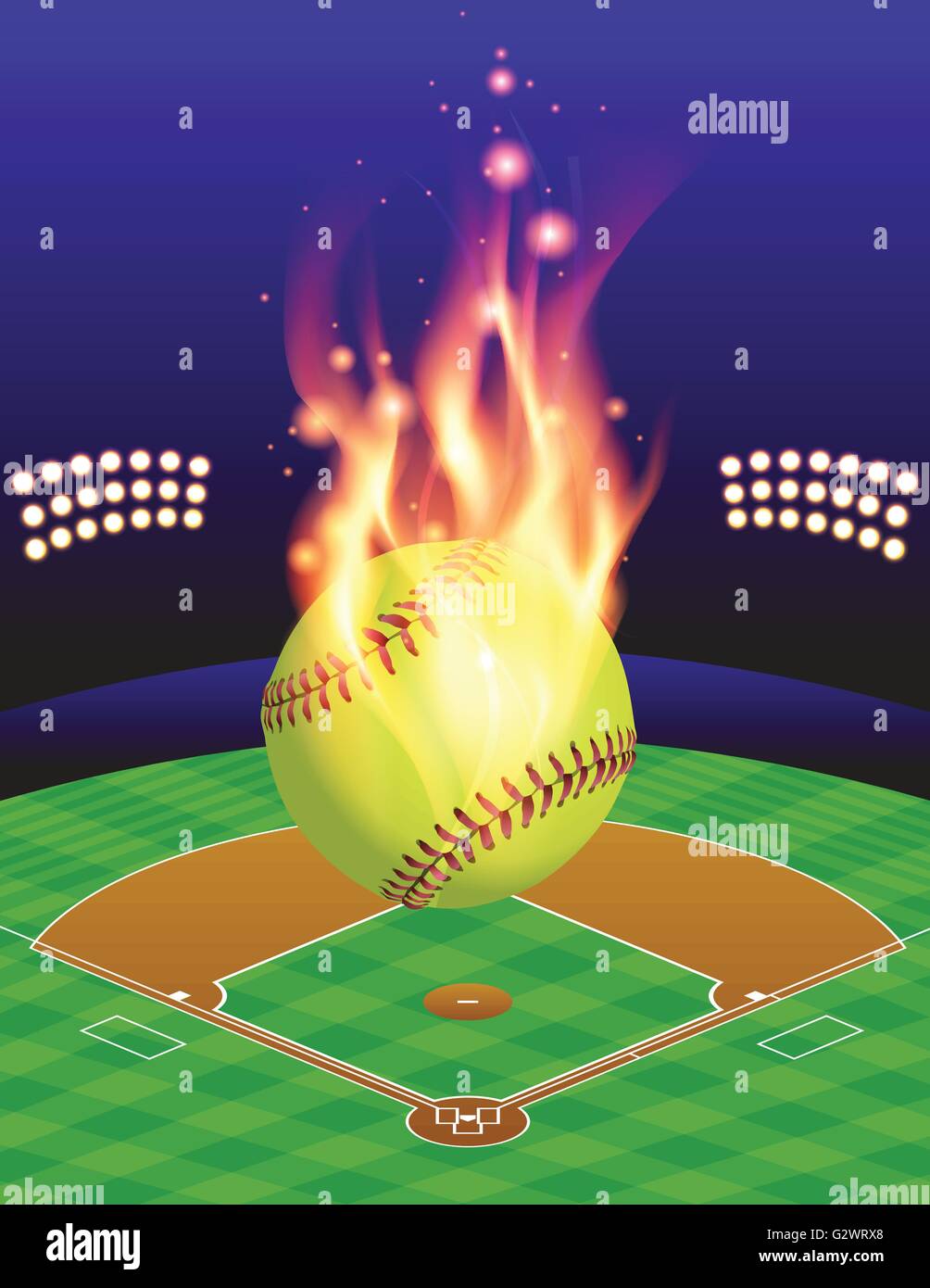 An illustration of a flaming softball above an aerial view of a ...