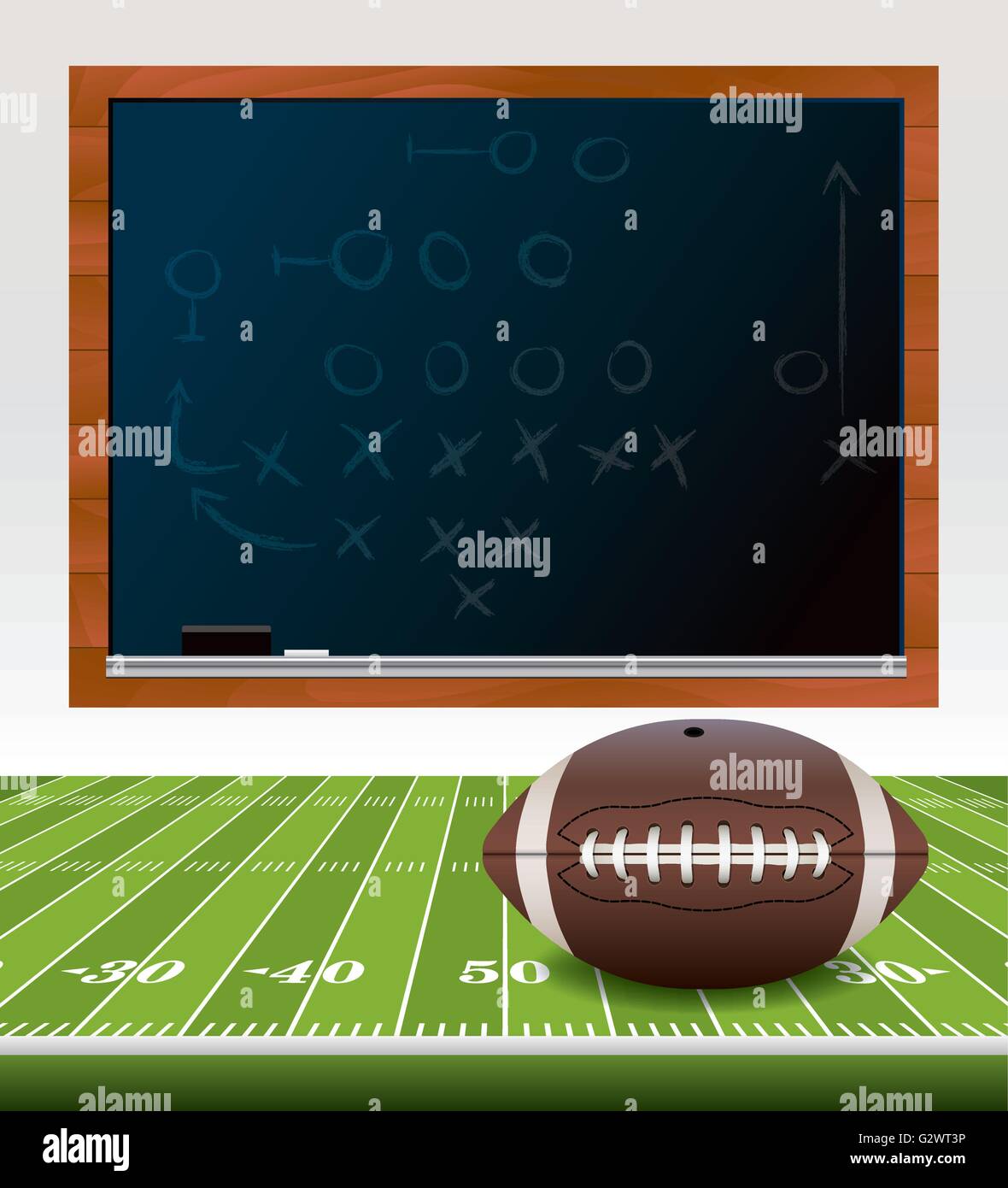 An illustration of an American football ball laying on a turf football ...