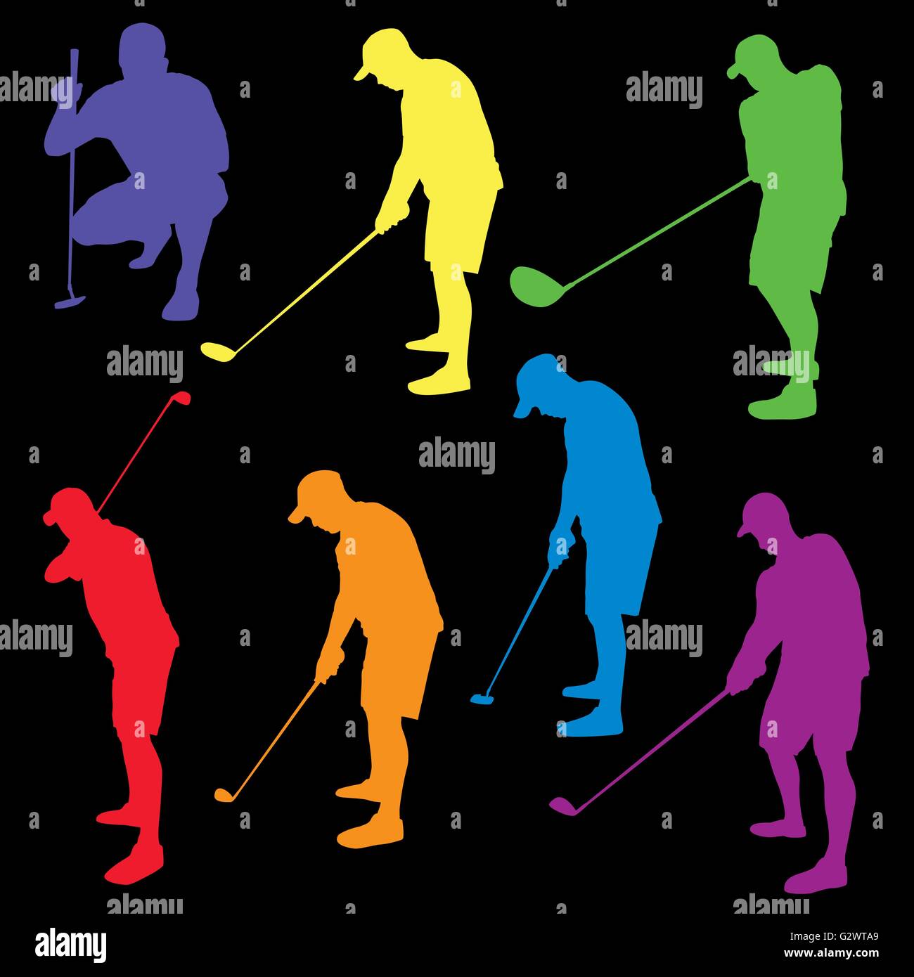 A set of silhouettes of a man golfing with a driver, putter, and irons ...