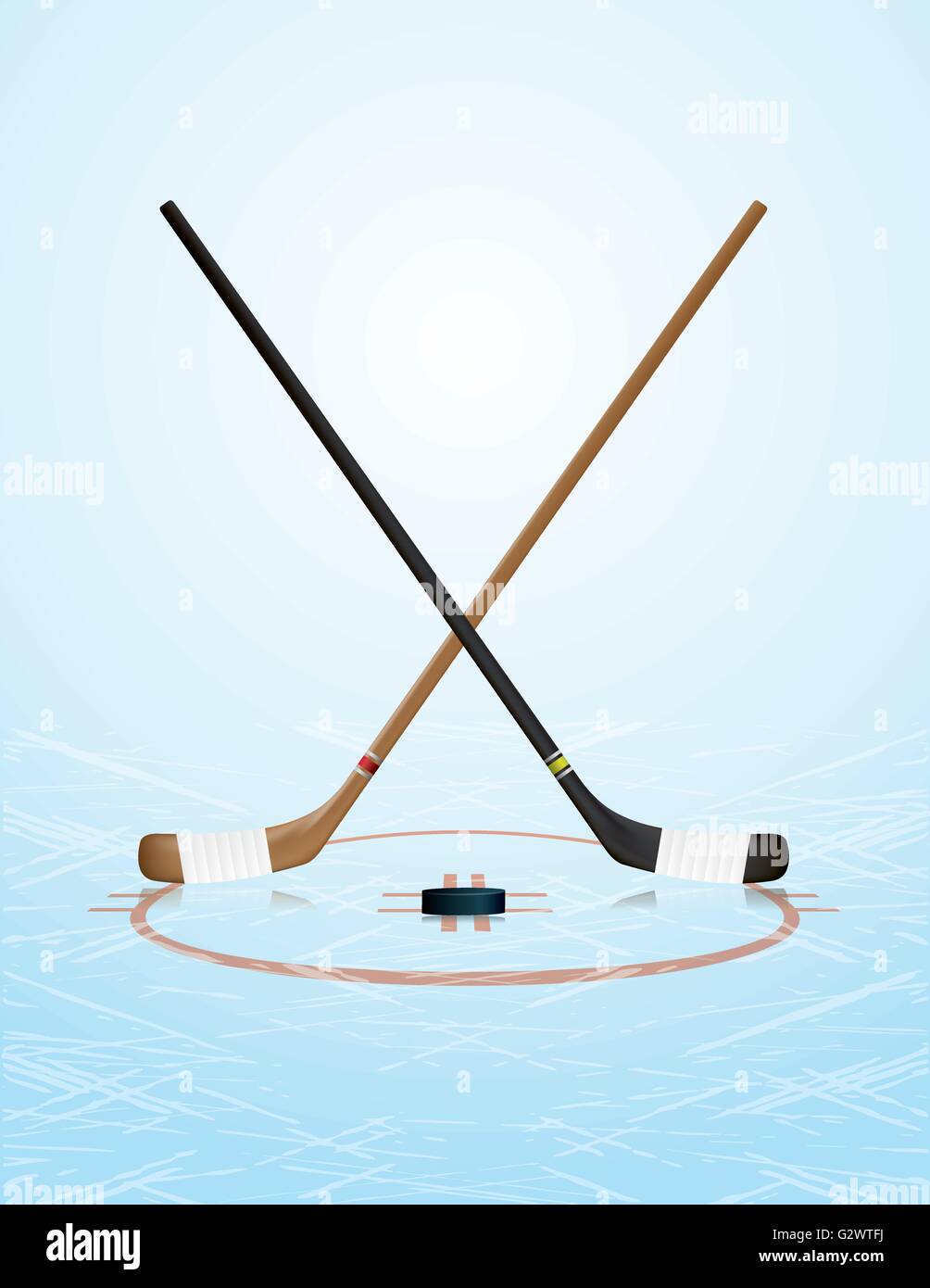 An illustration of ice hockey sticks, puck, and ice rink. Vector EPS 10 ...
