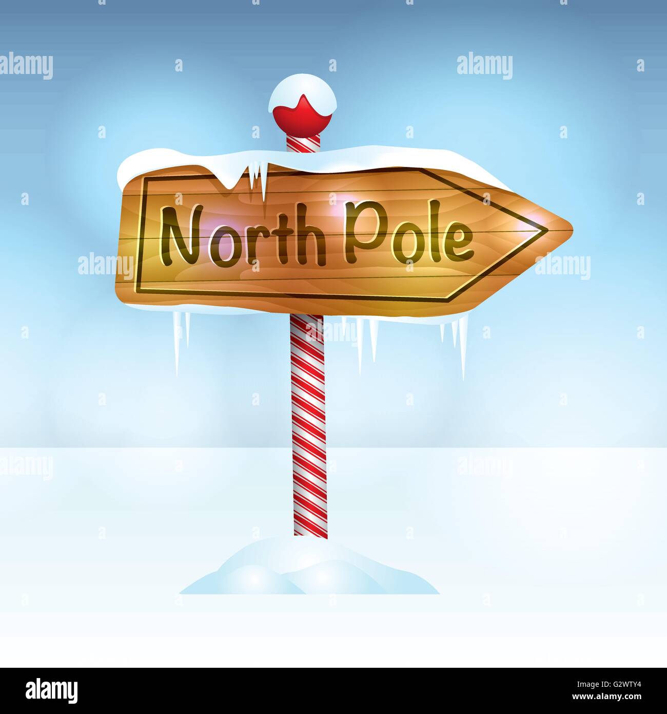 A Christmas illustration of a wooden sign in snow pointing to the North ...