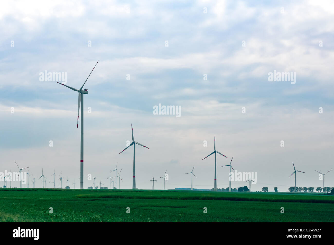 Lots of windmills on a green field Stock Photo - Alamy