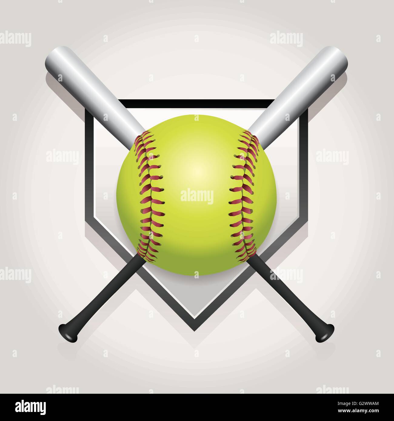 An illustration of a softball, bat, and home plate. Vector EPS 10 ...