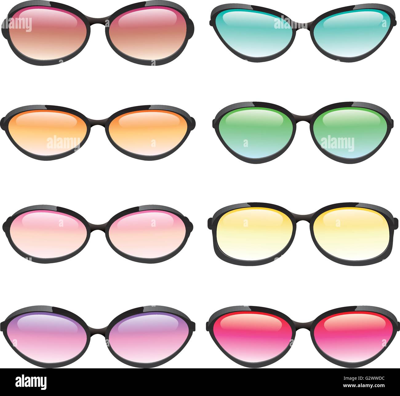 Illustrated set of sunglasses in different fashion styles and lens ...