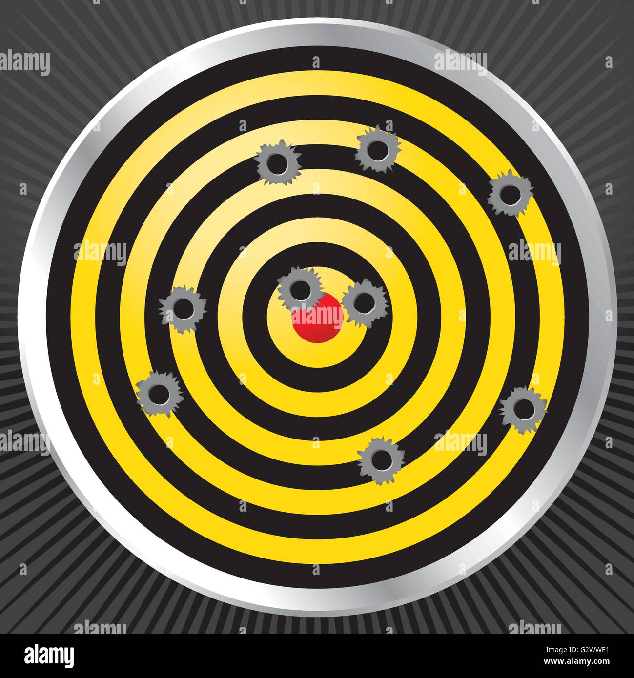 Yellow and black shooting range target shot full of bullet holes ...
