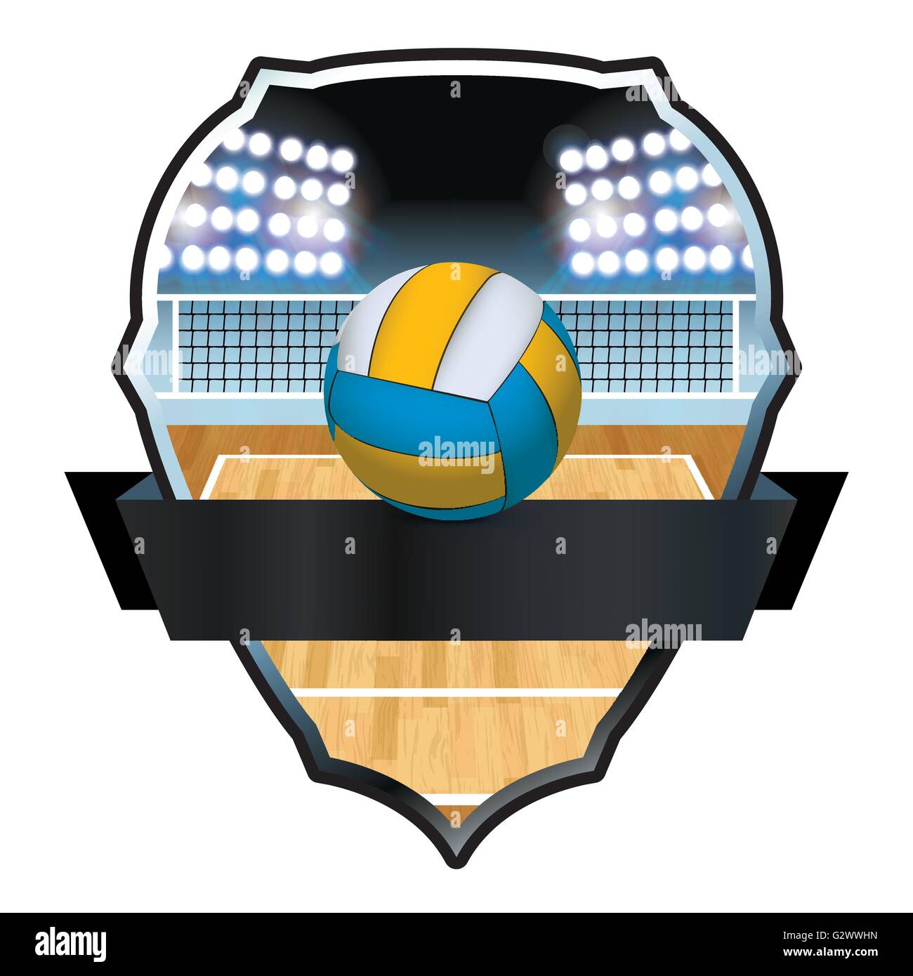 An illustration of a volleyball, court, and net badge and emblem ...