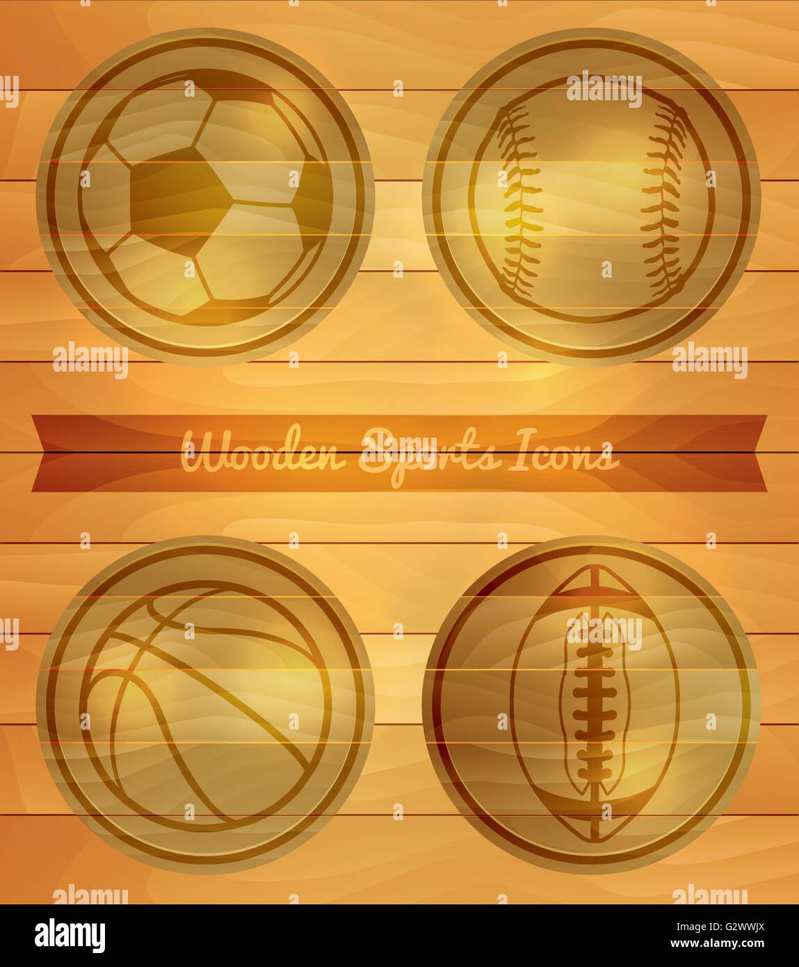 A set of wooden sports icons illustrations. Soccer, baseball ...