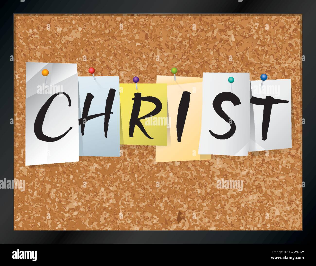An illustration of the name "CHRIST" written on pieces of colored paper ...