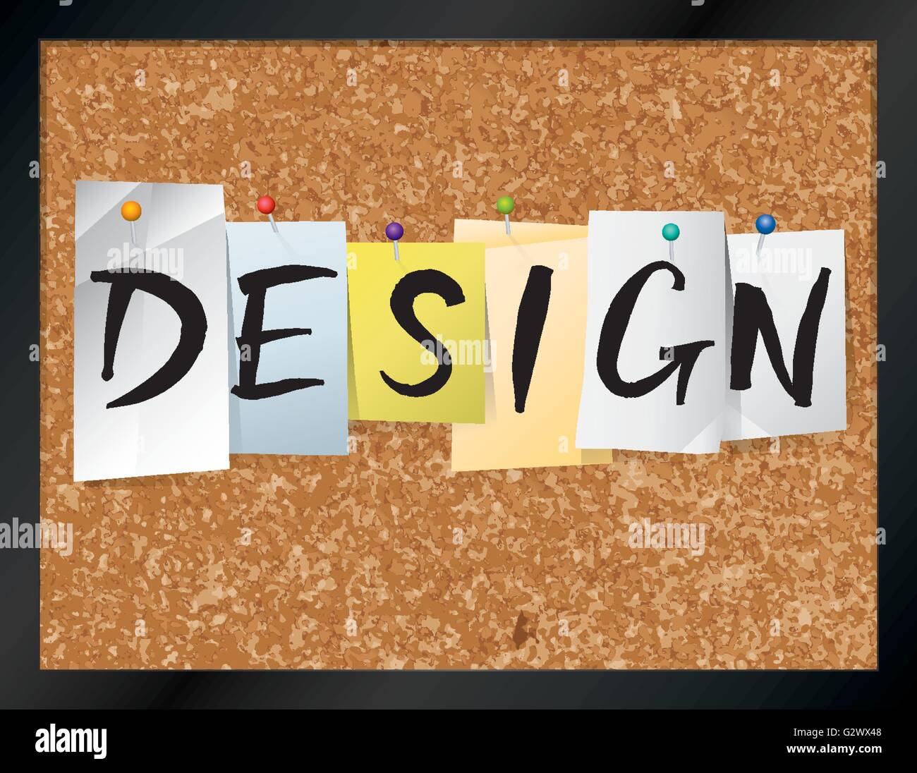 An illustration of the word "DESIGN" written on pieces of colored paper ...