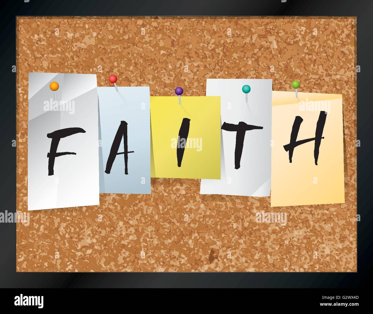 An illustration of the word "FAITH" written on pieces of colored paper ...