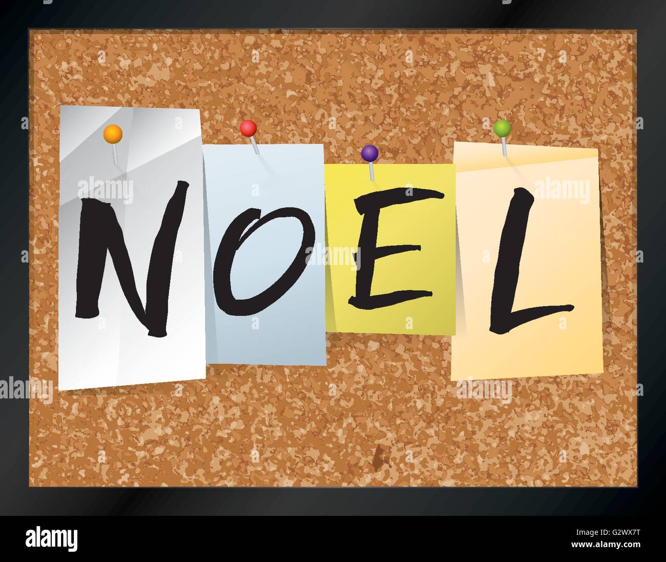 An illustration of the word "NOEL" written on pieces of colored paper ...