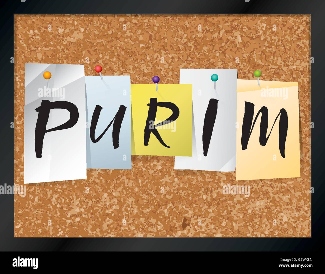 An illustration of the word "PURIM" written on pieces of colored paper ...