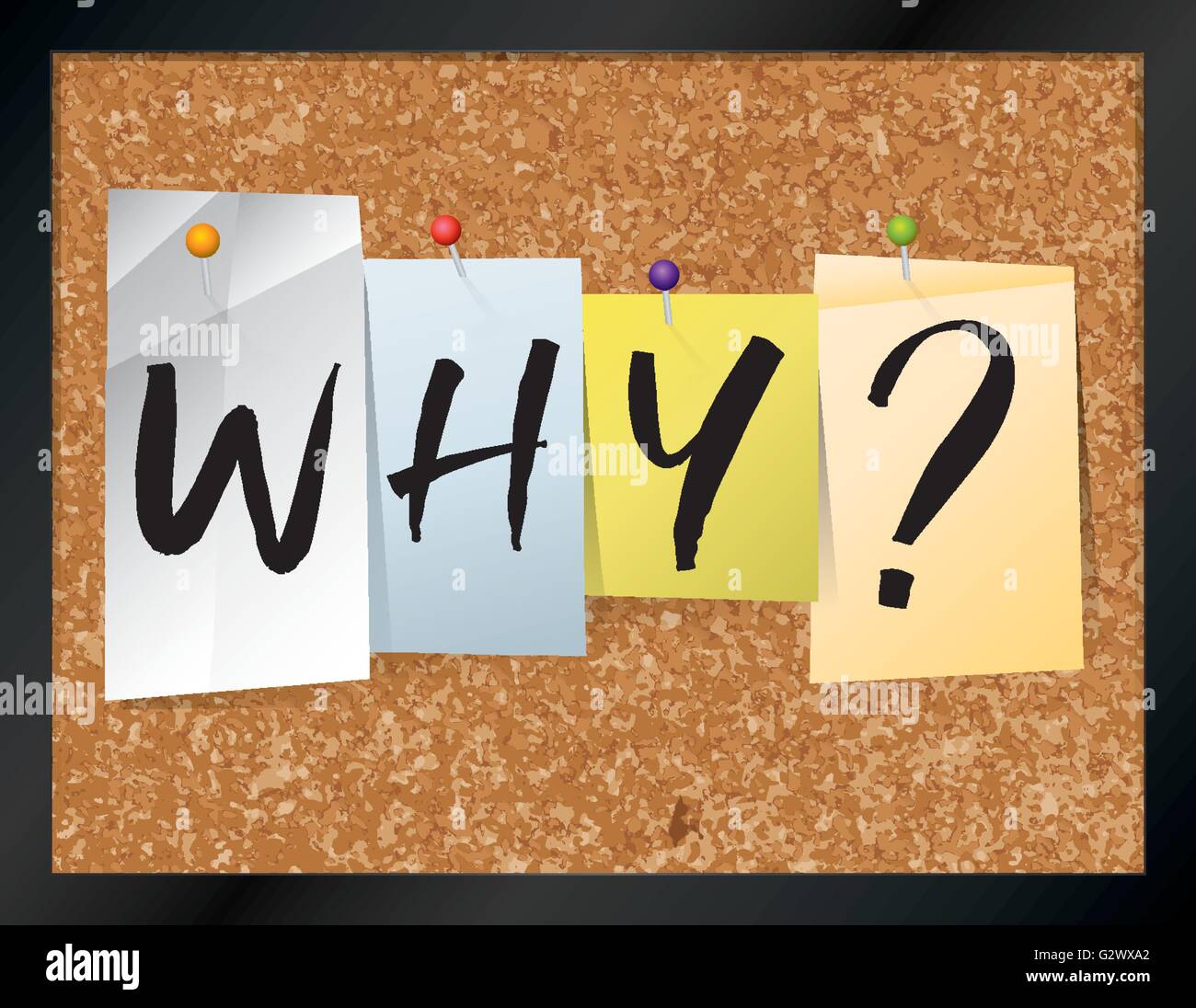 An illustration of the word "WHY?" written on pieces of colored paper ...