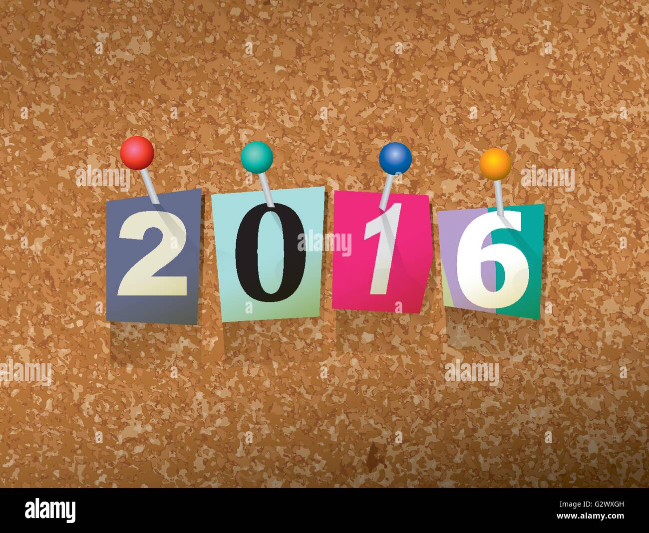 The word "2016" written in cut ransom note style paper letters and ...