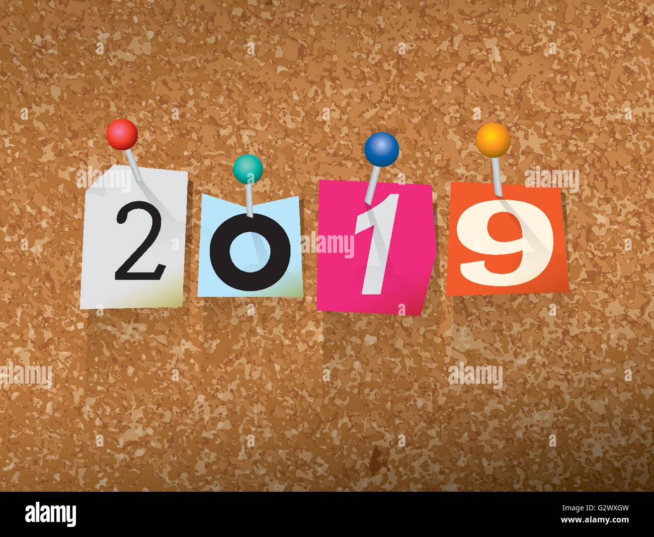 The word "2019" written in cut ransom note style paper letters and ...