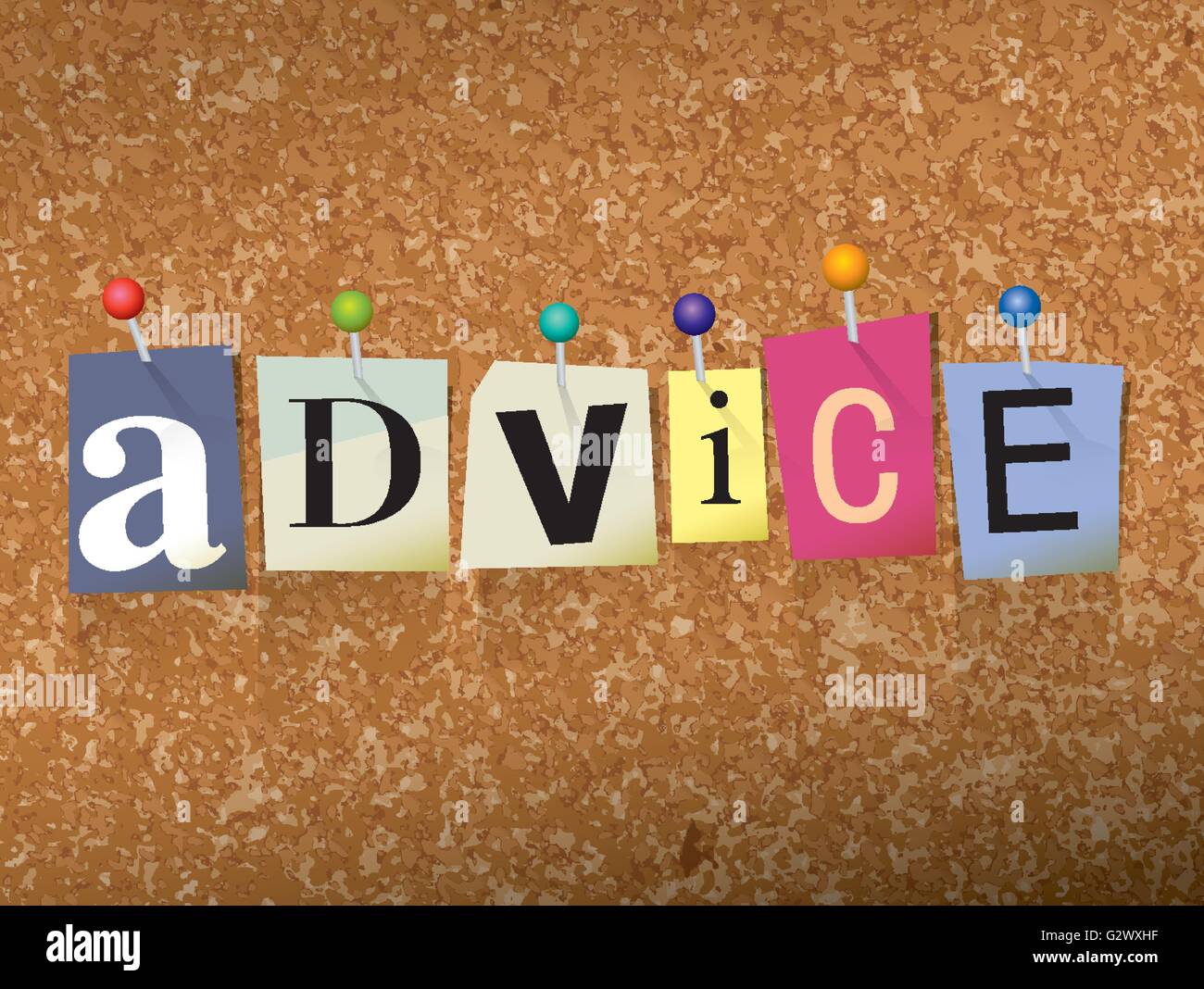 The word "ADVICE" written in cut letters and pinned to a cork bulletin ...