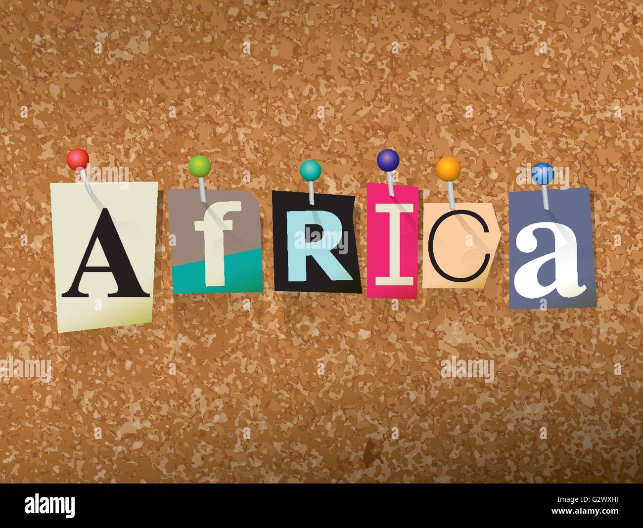 The word "AFRICA" written in cut letters and pinned to a cork bulletin ...