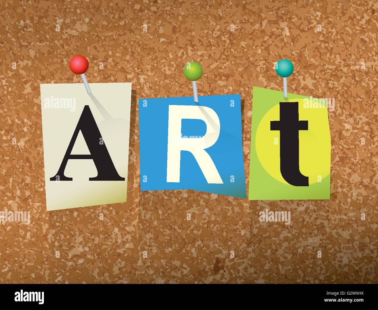 The word "ART" written in cut letters and pinned to a cork bulletin ...