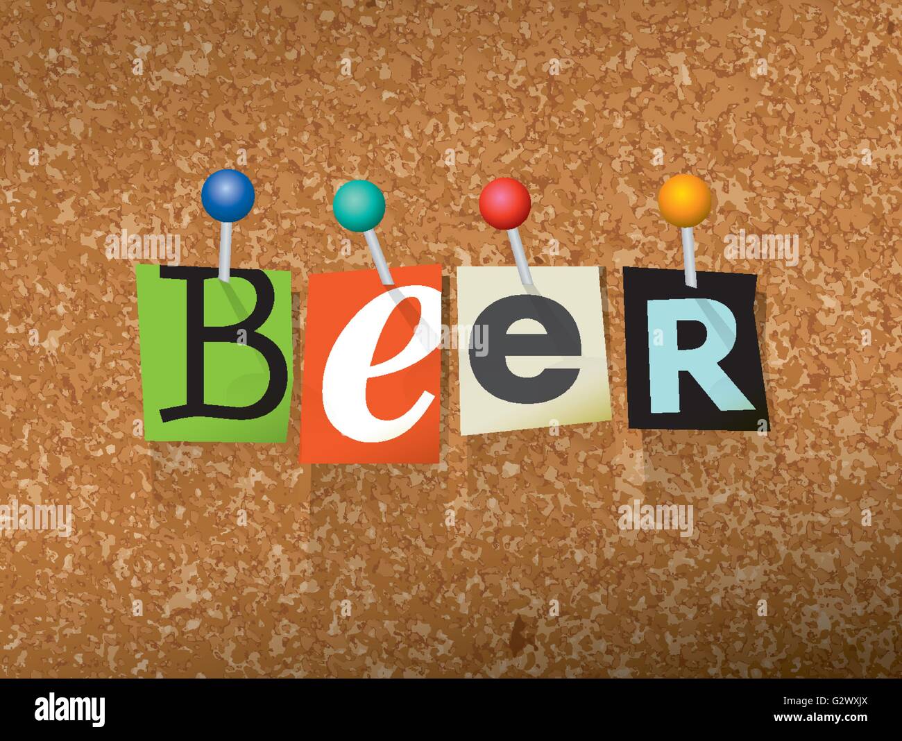 The word "BEER" written in cut ransom note style paper letters and ...