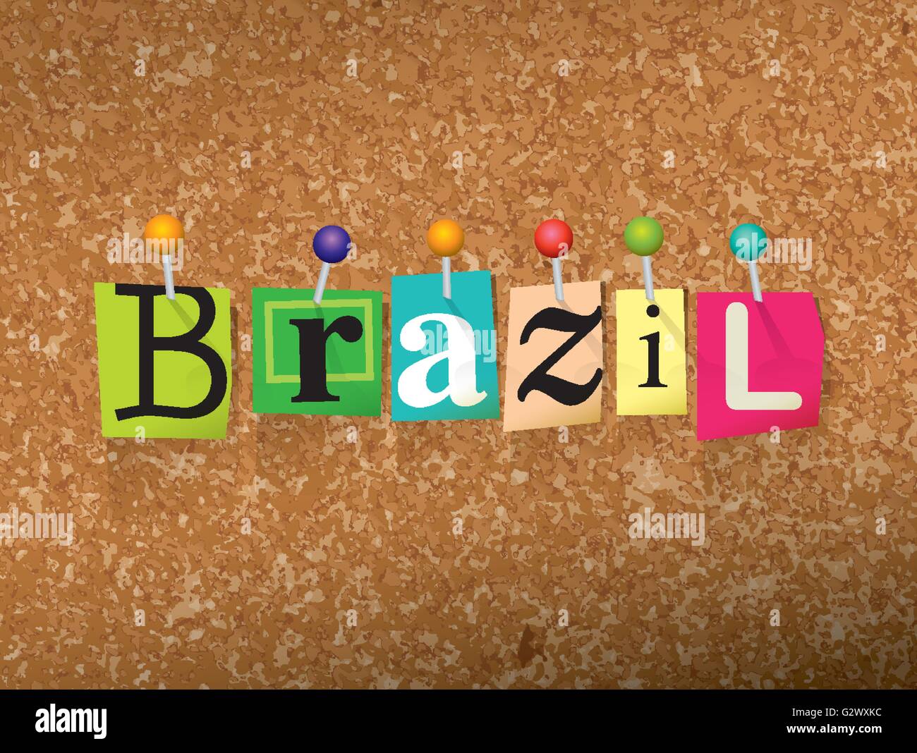 The word "BRAZIL" written in cut letters and pinned to a cork bulletin ...
