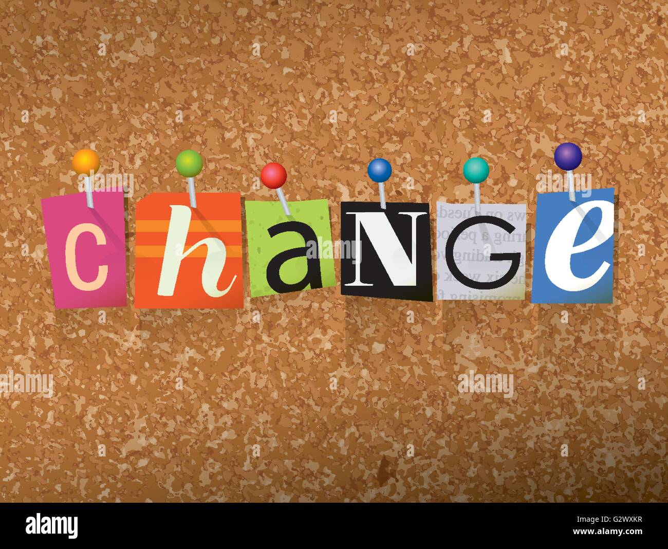 The word "CHANGE" written in cut letters and pinned to a cork bulletin ...