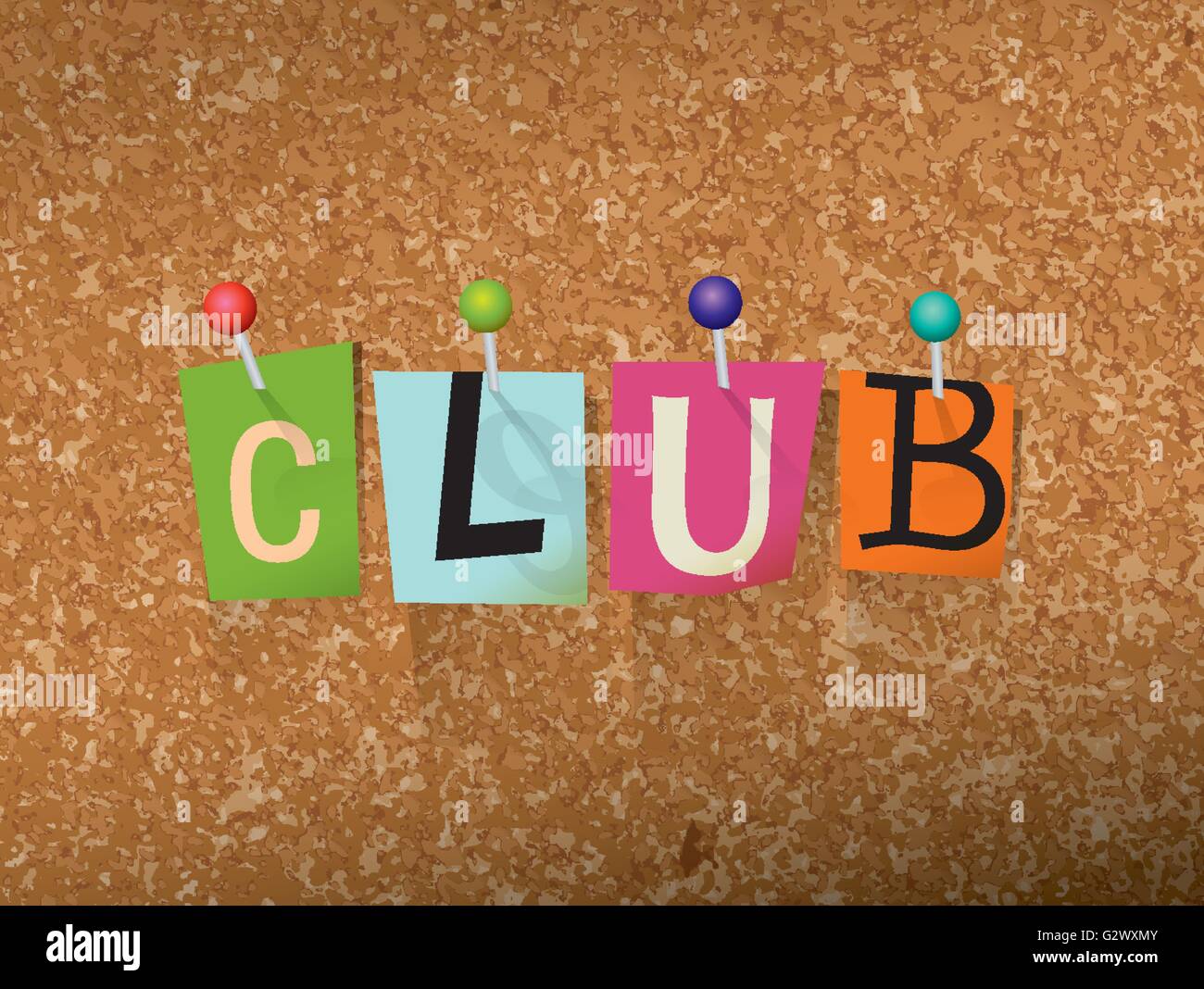 The word "CLUB" written in cut letters and pinned to a cork bulletin ...