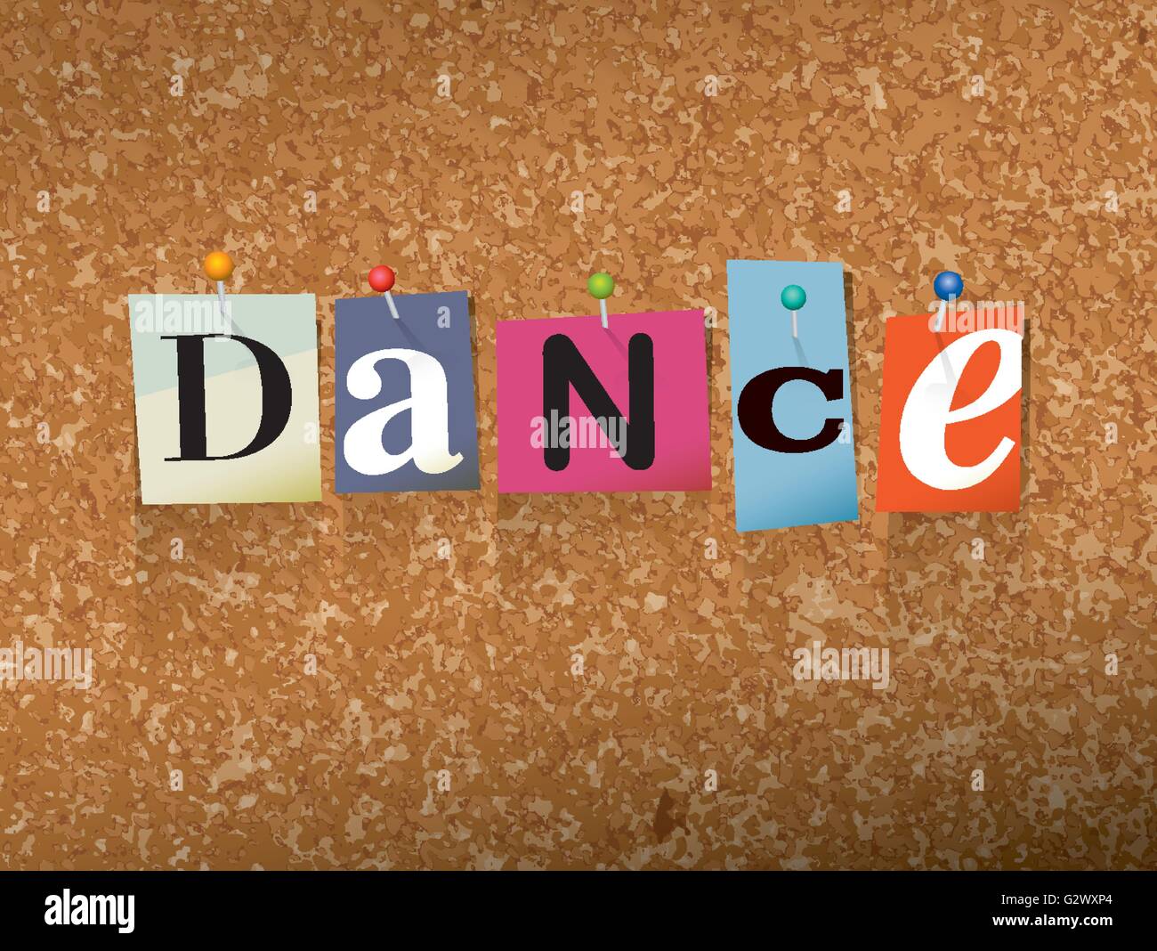 The word "DANCE" written in cut ransom note style paper letters and ...